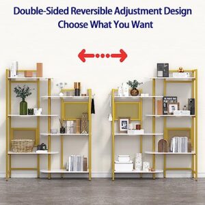 Anivia 6 Tier Asymmetrical Open Storage Shelves Ajustable Wood Bookcase Open Shelf Corner Bookshelf with Metal Frame Storage Organizer for Home Office,White and Gold