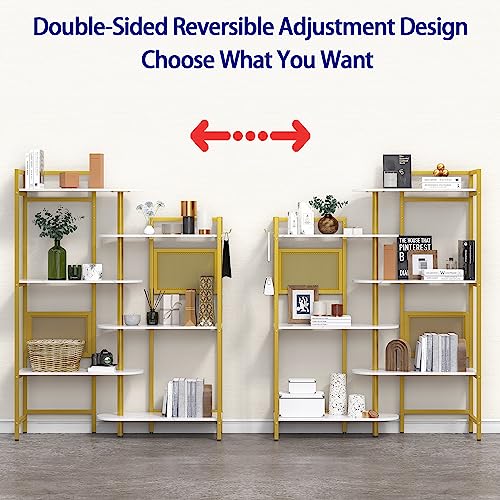 Anivia 6 Tier Asymmetrical Open Storage Shelves Ajustable Wood Bookcase Open Shelf Corner Bookshelf with Metal Frame Storage Organizer for Home Office,White and Gold