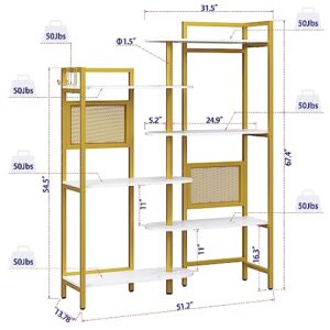 Anivia 6 Tier Asymmetrical Open Storage Shelves Ajustable Wood Bookcase Open Shelf Corner Bookshelf with Metal Frame Storage Organizer for Home Office,White and Gold