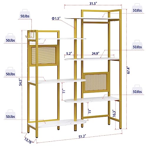 Anivia 6 Tier Asymmetrical Open Storage Shelves Ajustable Wood Bookcase Open Shelf Corner Bookshelf with Metal Frame Storage Organizer for Home Office,White and Gold