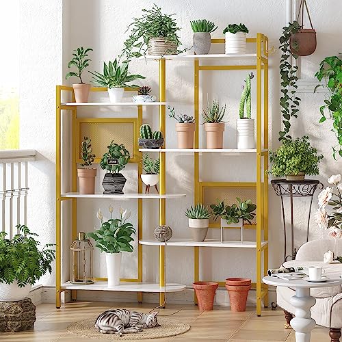 Anivia 6 Tier Asymmetrical Open Storage Shelves Ajustable Wood Bookcase Open Shelf Corner Bookshelf with Metal Frame Storage Organizer for Home Office,White and Gold