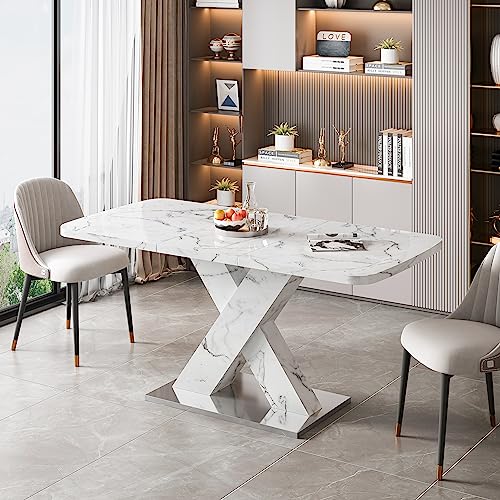 Lasadelgar Modern Dining Table, 47-63 Inch Rectangular Stretchable White Marble Printed MDF Table Top X-Shape Table Leg with Metal Base