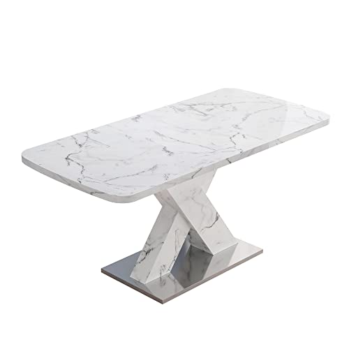 Lasadelgar Modern Dining Table, 47-63 Inch Rectangular Stretchable White Marble Printed MDF Table Top X-Shape Table Leg with Metal Base