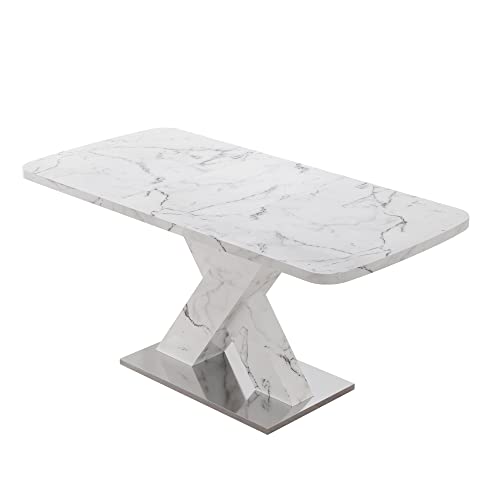 Lasadelgar Modern Dining Table, 47-63 Inch Rectangular Stretchable White Marble Printed MDF Table Top X-Shape Table Leg with Metal Base