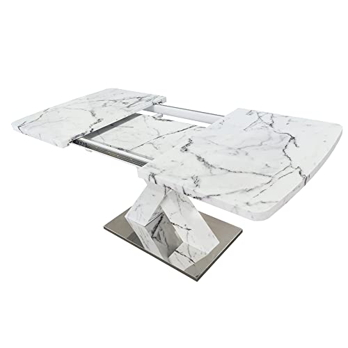 Lasadelgar Modern Dining Table, 47-63 Inch Rectangular Stretchable White Marble Printed MDF Table Top X-Shape Table Leg with Metal Base