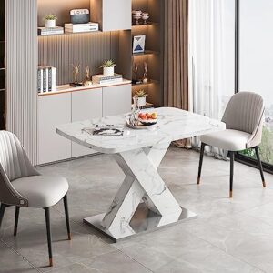 Lasadelgar Modern Dining Table, 47-63 Inch Rectangular Stretchable White Marble Printed MDF Table Top X-Shape Table Leg with Metal Base