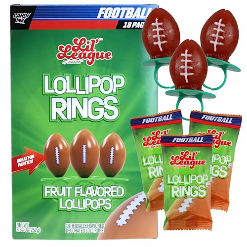 Football Candy Lollipop Rings, Individually Wrapped for Tailgates, Birthday Party Favors, and End of Season Banquets, 18 Suckers