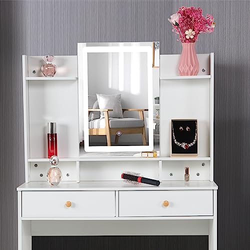 White Modern Vanity Set with LED Lighted Mirror, Makeup Vanity Desk with 2 Drawers, Multiple Shelves & Cushioned Stool, Vanity Table Mirror with 3 Color Modes for Bedroom