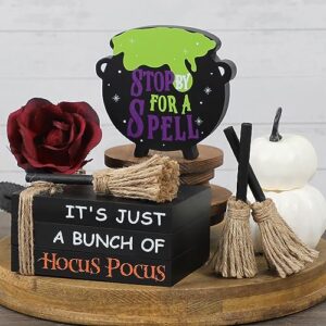 dazonge hocus pocus halloween decorations, 1 set of halloween faux book stack, 1 witches cauldron sign & 3 witch brooms for halloween tiered tray decor, trick or treat decor