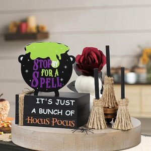 DAZONGE Hocus Pocus Halloween Decorations, 1 Set of Halloween Faux Book Stack, 1 Witches Cauldron Sign & 3 Witch Brooms for Halloween Tiered Tray Decor, Trick or Treat Decor