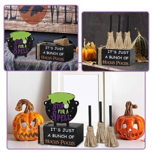 DAZONGE Hocus Pocus Halloween Decorations, 1 Set of Halloween Faux Book Stack, 1 Witches Cauldron Sign & 3 Witch Brooms for Halloween Tiered Tray Decor, Trick or Treat Decor