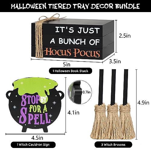 DAZONGE Hocus Pocus Halloween Decorations, 1 Set of Halloween Faux Book Stack, 1 Witches Cauldron Sign & 3 Witch Brooms for Halloween Tiered Tray Decor, Trick or Treat Decor