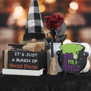 DAZONGE Hocus Pocus Halloween Decorations, 1 Set of Halloween Faux Book Stack, 1 Witches Cauldron Sign & 3 Witch Brooms for Halloween Tiered Tray Decor, Trick or Treat Decor