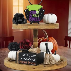 DAZONGE Hocus Pocus Halloween Decorations, 1 Set of Halloween Faux Book Stack, 1 Witches Cauldron Sign & 3 Witch Brooms for Halloween Tiered Tray Decor, Trick or Treat Decor