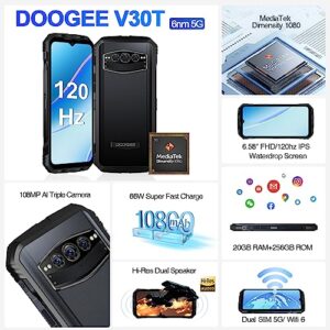 DOOGEE V30T 2023 5G Rugged Smartphone,20GB+256GB Smartphone,66W/10800mAh Battery Cellphone,120Hz 6.58"108MP Camera Rugged Phone Unlocked, Dual Speakers, Night Vision, IP68 Waterproof,NFC/OTG,T-Mobile