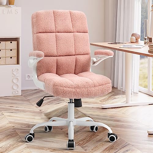 SEATZONE Pink Office Chair Home Office Desk Chairs with Flip-up Armrest, Rolling Desk Chair with Wheels, Faux Fur Computer Chairs Adjustable Backward Tilt