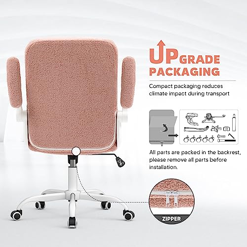 SEATZONE Pink Office Chair Home Office Desk Chairs with Flip-up Armrest, Rolling Desk Chair with Wheels, Faux Fur Computer Chairs Adjustable Backward Tilt