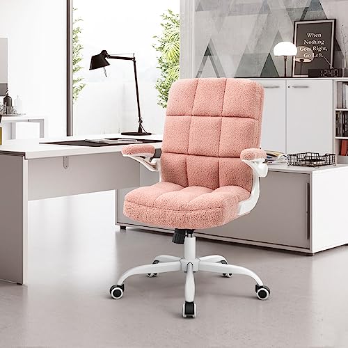 SEATZONE Pink Office Chair Home Office Desk Chairs with Flip-up Armrest, Rolling Desk Chair with Wheels, Faux Fur Computer Chairs Adjustable Backward Tilt