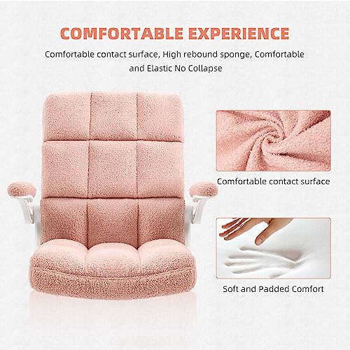 SEATZONE Pink Office Chair Home Office Desk Chairs with Flip-up Armrest, Rolling Desk Chair with Wheels, Faux Fur Computer Chairs Adjustable Backward Tilt