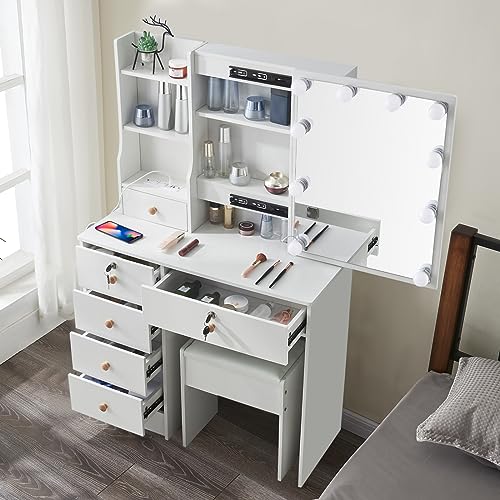 JBLCC Vanity Desk with Lights Mirror,Vanity Table Makeup Vanity with Slidable Mirror, Modern Vanity Table with Drawers & Cabinet,Stool,for Bedroom, White (jbl6505USB)