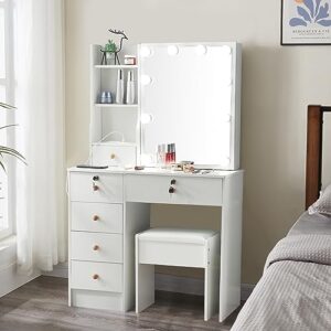 JBLCC Vanity Desk with Lights Mirror,Vanity Table Makeup Vanity with Slidable Mirror, Modern Vanity Table with Drawers & Cabinet,Stool,for Bedroom, White (jbl6505USB)