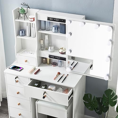 JBLCC Vanity Desk with Lights Mirror,Vanity Table Makeup Vanity with Slidable Mirror, Modern Vanity Table with Drawers & Cabinet,Stool,for Bedroom, White (jbl6505USB)