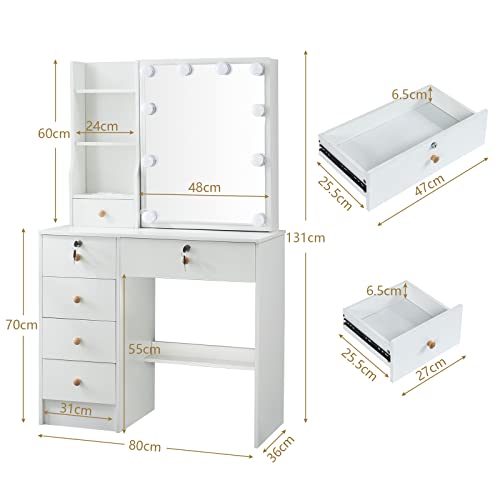 JBLCC Vanity Desk with Lights Mirror,Vanity Table Makeup Vanity with Slidable Mirror, Modern Vanity Table with Drawers & Cabinet,Stool,for Bedroom, White (jbl6505USB)