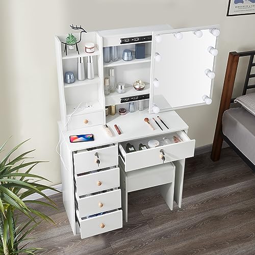 JBLCC Vanity Desk with Lights Mirror,Vanity Table Makeup Vanity with Slidable Mirror, Modern Vanity Table with Drawers & Cabinet,Stool,for Bedroom, White (jbl6505USB)