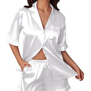 Ekouaer Women's Pajama Set Satin Button Up Sleepwear Comfy Nightwear Two Piece Silk Pjs Shorts Set Bridesmaid Gift White,Large