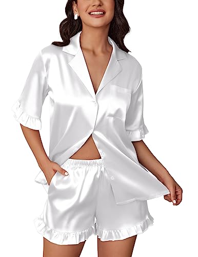 Ekouaer Women's Pajama Set Satin Button Up Sleepwear Comfy Nightwear Two Piece Silk Pjs Shorts Set Bridesmaid Gift White,Large