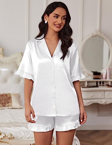 Ekouaer Women's Pajama Set Satin Button Up Sleepwear Comfy Nightwear Two Piece Silk Pjs Shorts Set Bridesmaid Gift White,Large