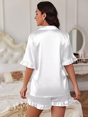 Ekouaer Women's Pajama Set Satin Button Up Sleepwear Comfy Nightwear Two Piece Silk Pjs Shorts Set Bridesmaid Gift White,Large