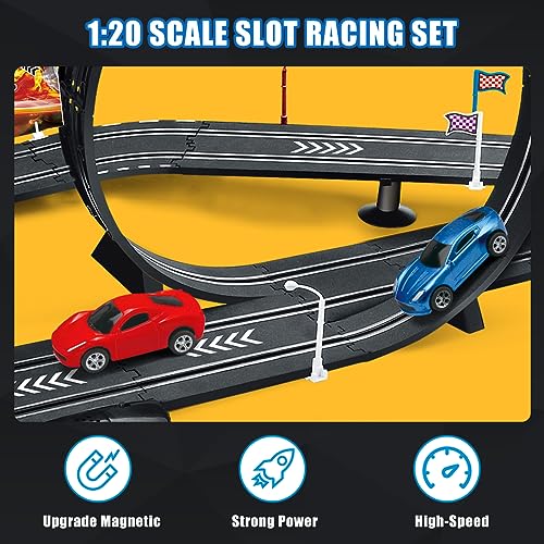 Losbenco Slot Car Race Track Sets, Battery or Electric Race Car Track with 2 High-Speed Slot Cars, 2 Electric Controller and 2 Manual Controller Circular Overpass Track, Gift for Kids Ages 6 7 8-12