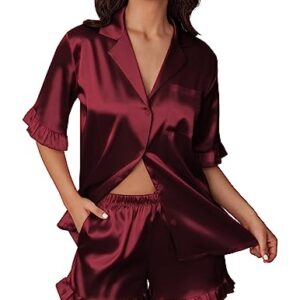 Ekouaer Plus Size Silk Pjs Women's Soft Satin Pajama Set Summer Short Nightwear Bridesmaid Pajamas Wine Red,XXL