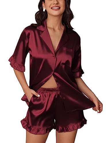 Ekouaer Plus Size Silk Pjs Women's Soft Satin Pajama Set Summer Short Nightwear Bridesmaid Pajamas Wine Red,XXL