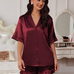 Ekouaer Plus Size Silk Pjs Women's Soft Satin Pajama Set Summer Short Nightwear Bridesmaid Pajamas Wine Red,XXL