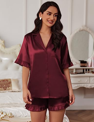 Ekouaer Plus Size Silk Pjs Women's Soft Satin Pajama Set Summer Short Nightwear Bridesmaid Pajamas Wine Red,XXL