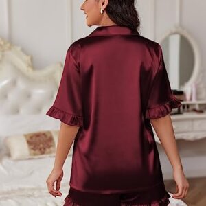 Ekouaer Plus Size Silk Pjs Women's Soft Satin Pajama Set Summer Short Nightwear Bridesmaid Pajamas Wine Red,XXL