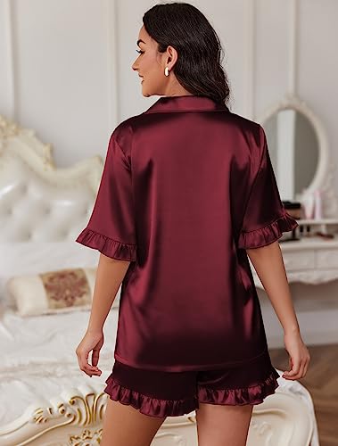 Ekouaer Plus Size Silk Pjs Women's Soft Satin Pajama Set Summer Short Nightwear Bridesmaid Pajamas Wine Red,XXL