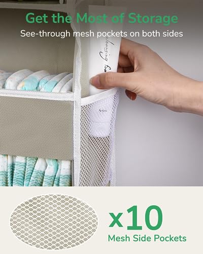 ULG 1-Pack Over Door Organizer with 5 Large Pockets 10 Mesh Side Pockets, 44 lbs Weight Capacity Hanging Storage Organizer with Clear Window for Bedroom Bathroom Kitchen, RV, Camper, Beige