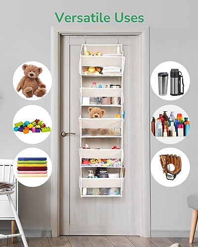 ULG 1-Pack Over Door Organizer with 5 Large Pockets 10 Mesh Side Pockets, 44 lbs Weight Capacity Hanging Storage Organizer with Clear Window for Bedroom Bathroom Kitchen, RV, Camper, Beige