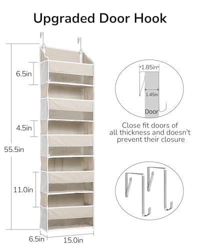 ULG 1-Pack Over Door Organizer with 5 Large Pockets 10 Mesh Side Pockets, 44 lbs Weight Capacity Hanging Storage Organizer with Clear Window for Bedroom Bathroom Kitchen, RV, Camper, Beige