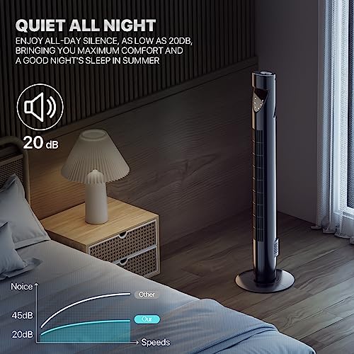 mollie Oscillating Quiet Tower Fan with Remote Control 3 Speeds 12H Timer Portable LED Display 38 Inch Electric Air Circulator Cooling Floor Standing Fan for Home Bedroom Office Living Room Black