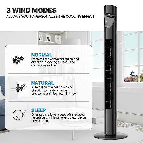 mollie Oscillating Quiet Tower Fan with Remote Control 3 Speeds 12H Timer Portable LED Display 38 Inch Electric Air Circulator Cooling Floor Standing Fan for Home Bedroom Office Living Room Black