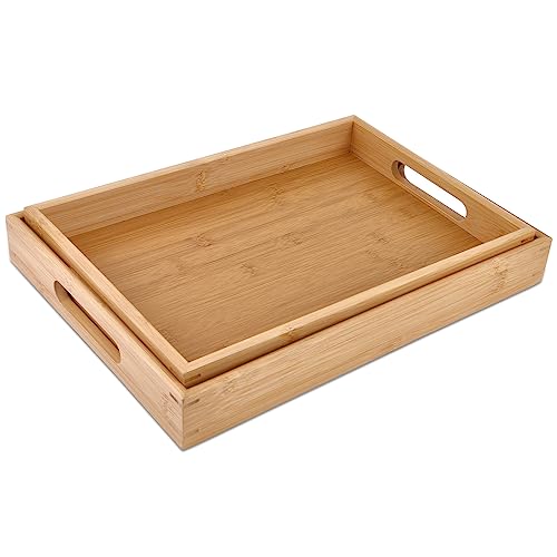 Sgigiul Bamboo Dinner Food Trays for Eating On Couch Party Platters for Serving Food Decorative Tray for Kitchen Counter Rectangle(15.74" Lx11.2”W and 14.76”Lx10.23”W)