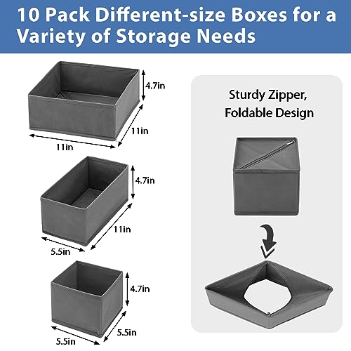 Fixwal 10 Pack Dresser Drawer Organizer for Clothing, Closet Organizers and Storage Box Foldable Fabric Drawer Dividers for Clothes Underwear Socks Bra Scarves Ties (Grey)