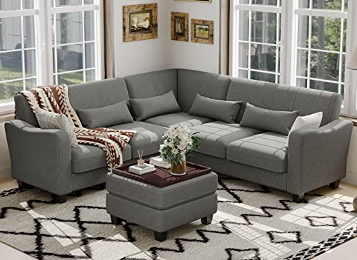 Belffin Reversible L Shaped Couch Small Convertible Sectional Sofa Couch L-Shaped Sofa with Storage Ottoman 4 Seat Sofas for Living Room Furniture Light Grey