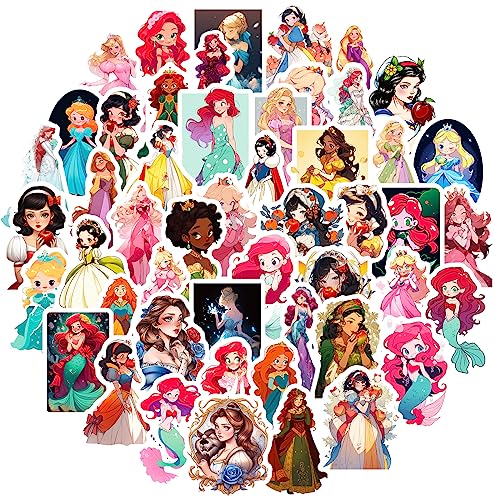 Cartoon Princess Stickers for Girls Kids 50PCS, Fairy Stickers Girl Stickers for Laptop Luggage Water Bottles Scrapbook Icicrim Waterproof Vinyl Decals