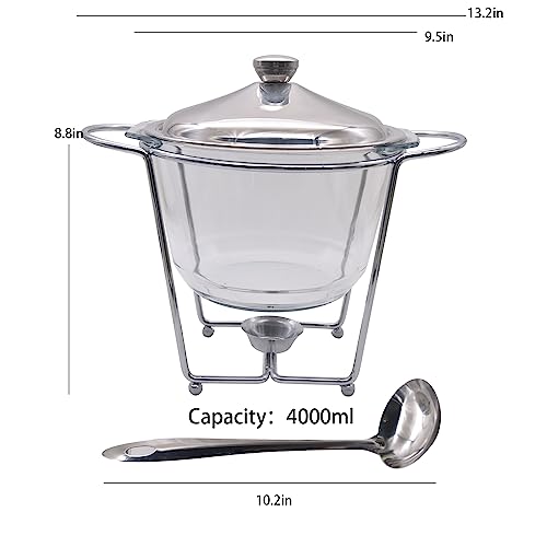 Glass Chafing Dish Buffet Set with Stainless Steel Lid and Ladle, 4.3 Quart Food Warming Tray for Soup Parties Dinners Catering, 1 Pack, Clear, Round, Dishwasher and Microwave Safe