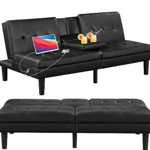 PrimeZone 69" W x 38" D x 29.5" H Futon Convertible Sofa Bed with USB & 2 Cupholders - Faux Leather Modern Memory Foam Sleeper Couch, Folding Loveseat for Apartment, Dorm, Office, Black